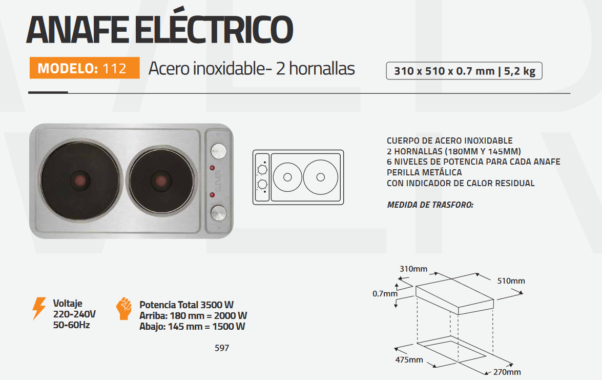 ANAFE ELECTRICO ACERO INOXIDABLE 2 HORNALLAS - CLEVER