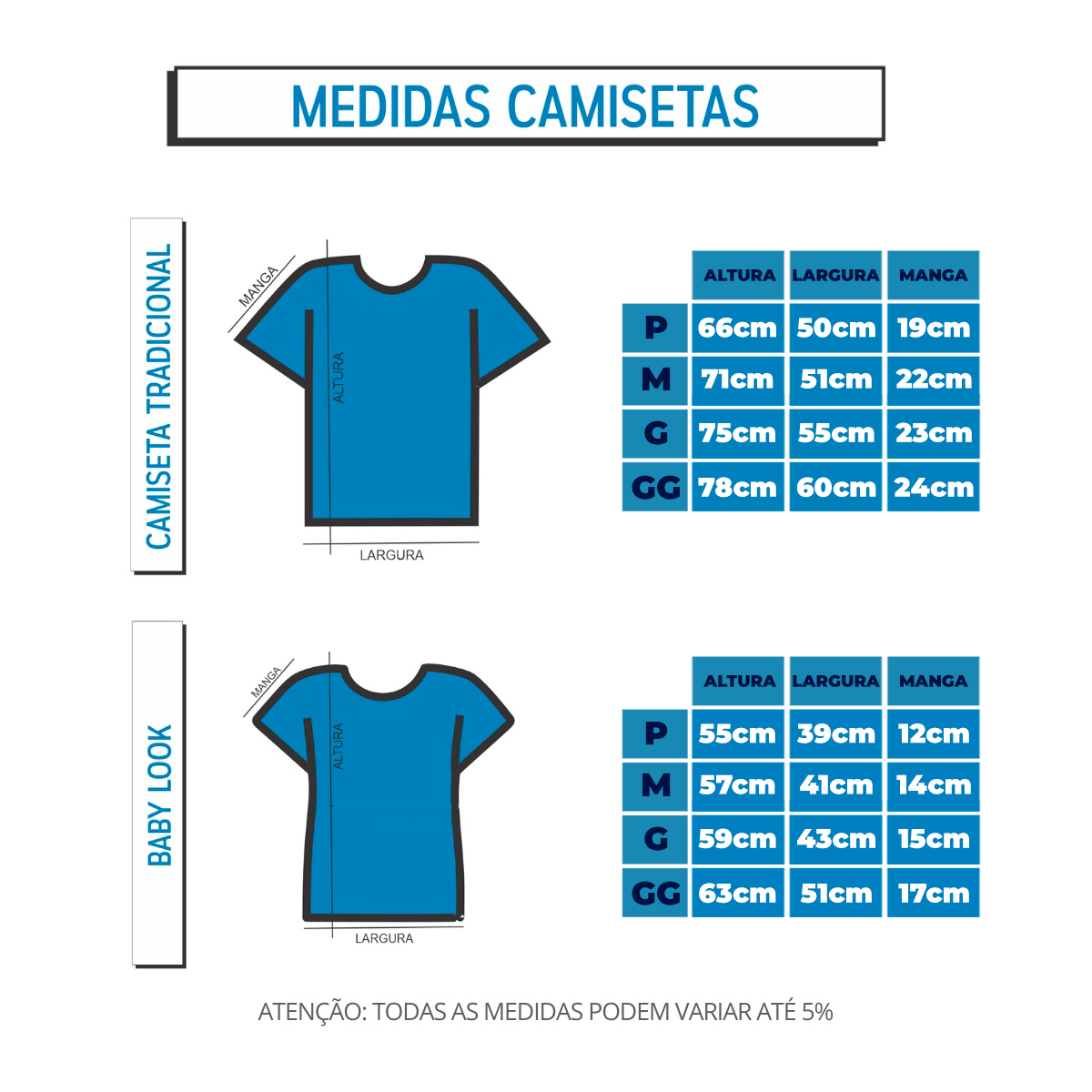 Guia de Medidas - Camisetas DTF 100% Algodão