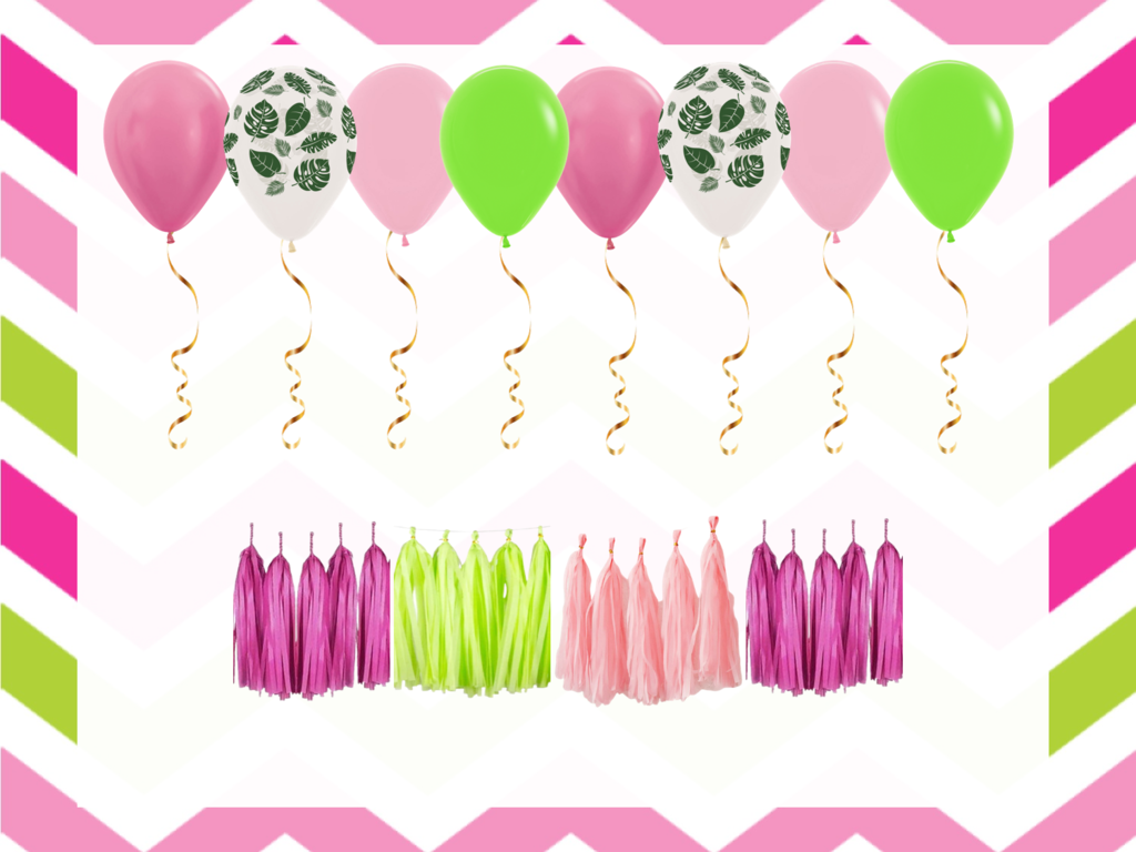 Party Kit Festones y Globos Fucsia, Rosado, Verde, Hojas