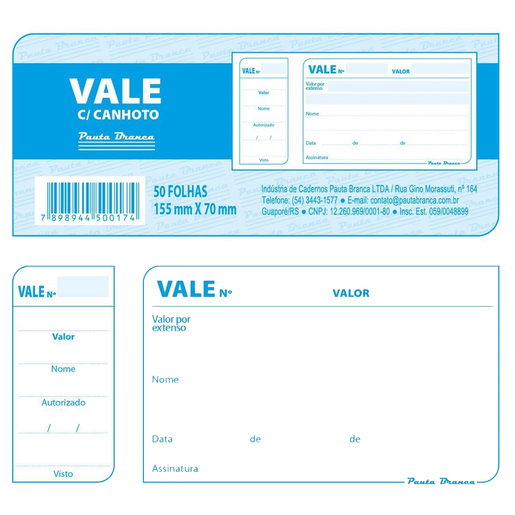 Vale com Canhoto 50 Folhas Impressão Azul, PAUTA BRANCA