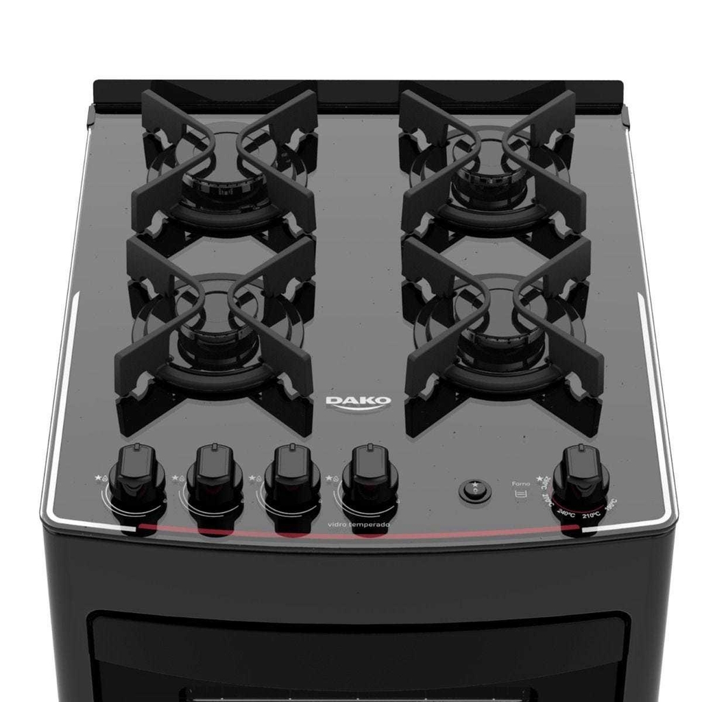 Fogão Dako 4 bocas Supreme Glass Preto com Mesa de Vidro e Mega Chama