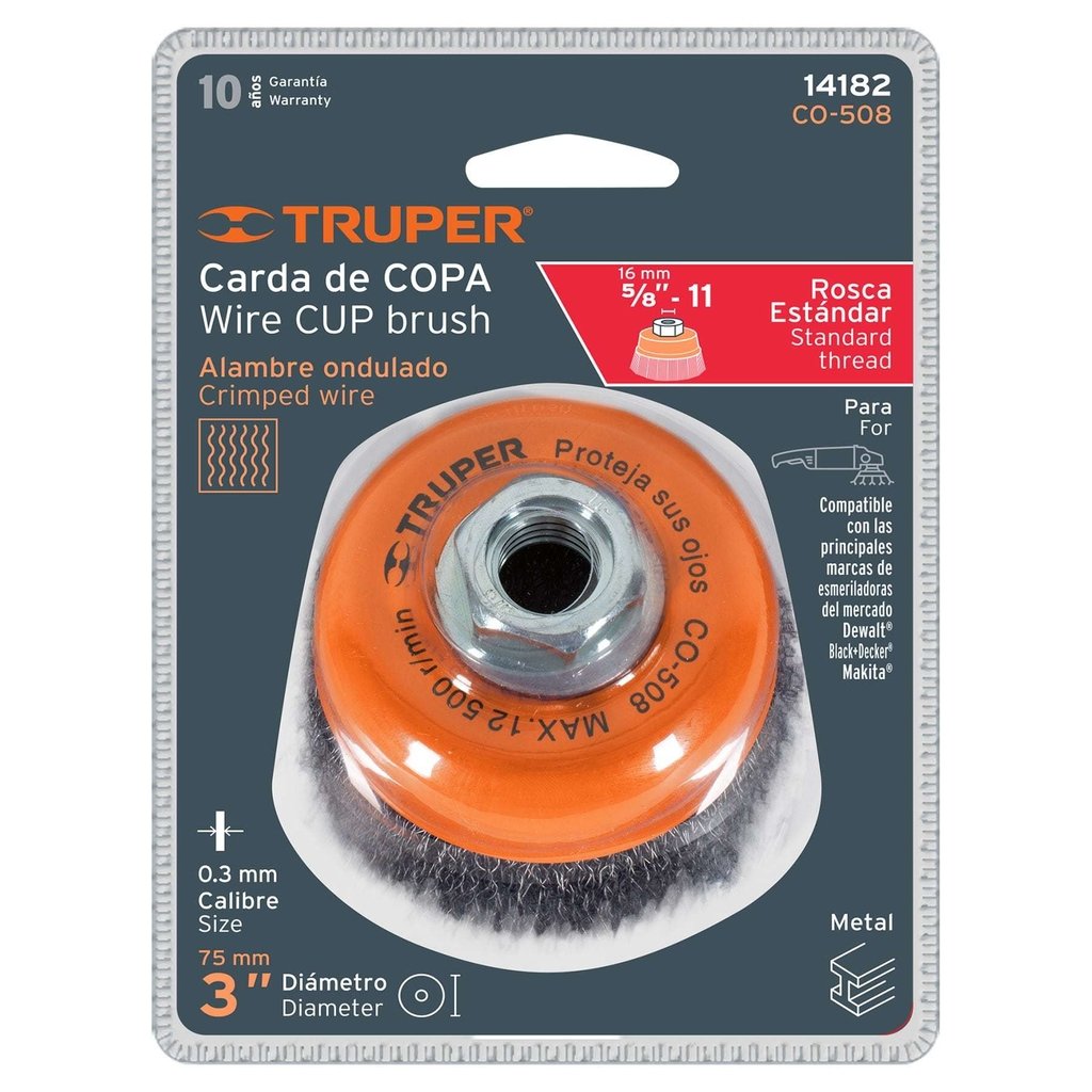 Carda de copa, alambre ondulado, 3" para esmeril