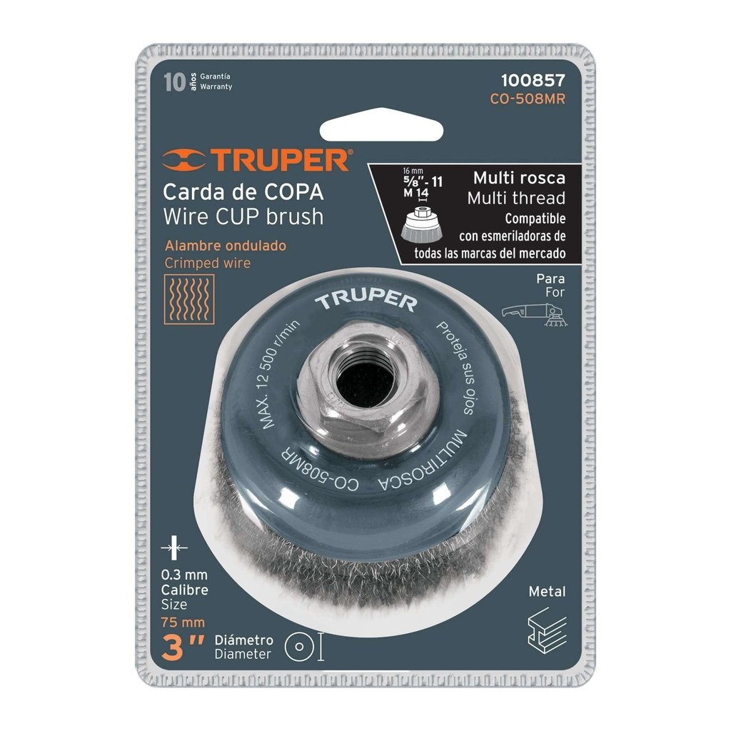 Carda de copa, alambre ondulado fino, 3", Multi rosca