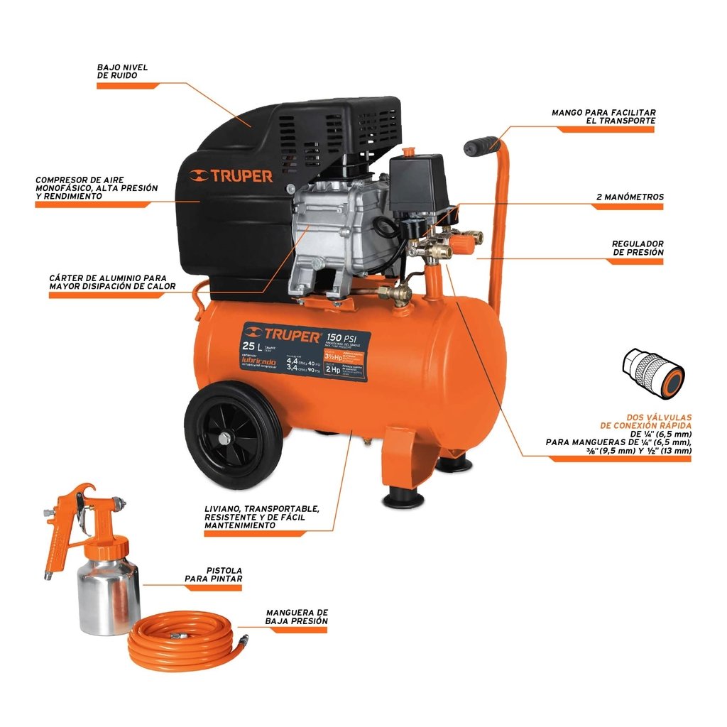 Kit, compresor 25 L, 3 HP, manguera de PVC y pistola