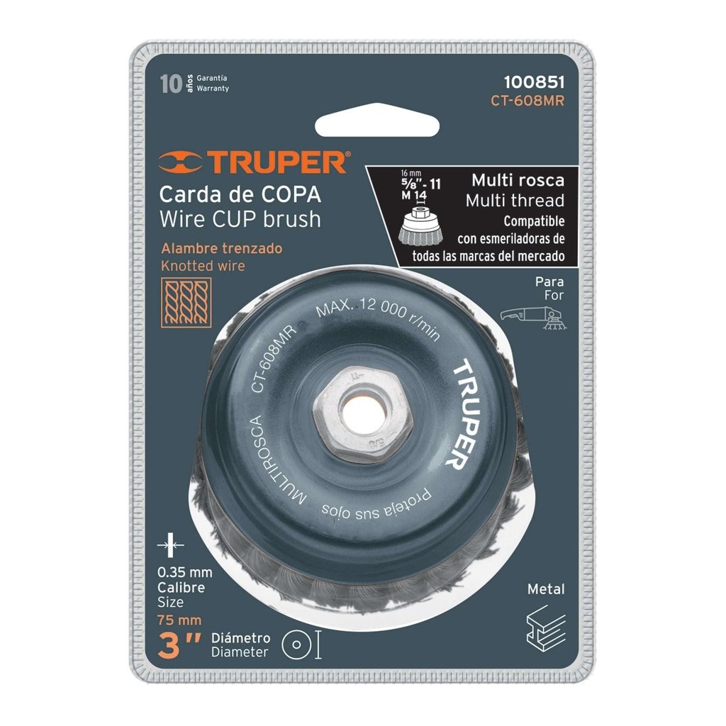 Carda de copa, alambre trenzado fino, 3", Multi rosca