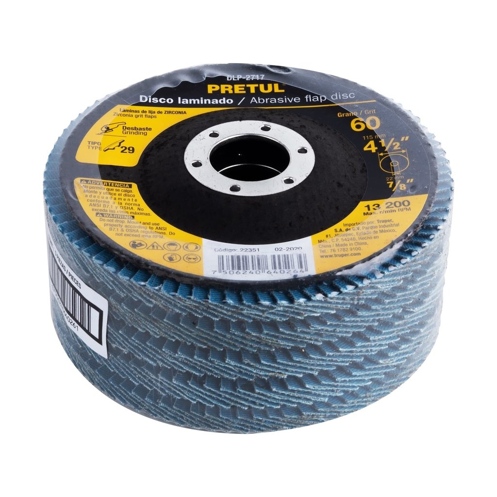 Disco laminado, 4-1/2", grano 60, centro 7/8", Pretul