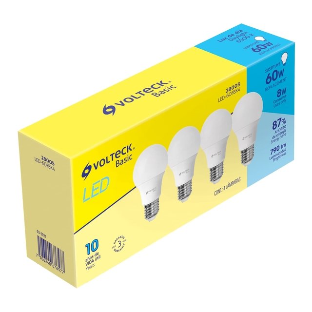Lámpara LED, A19, 8W, luz de día, Volteck Basic, 4 pzas en caja