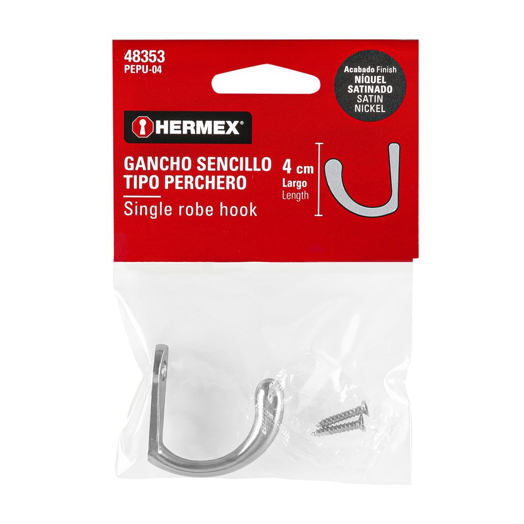 Gancho sencillo tipo perchero, níquel satinado