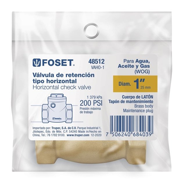Válvula check horizontal de latón, 1"