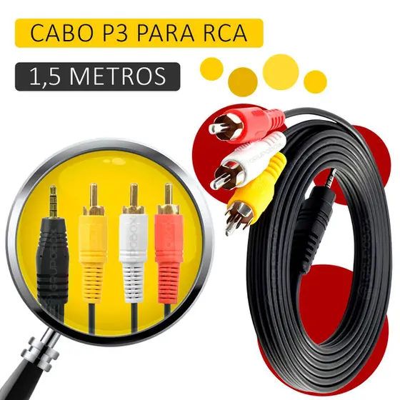 Cabo de áudio P3 Macho Para 3 RCA 1,5 Metros Kapbom