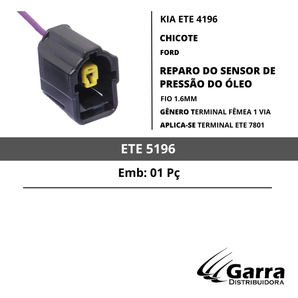 ETE5196 CONECTOR.CHICOTE REPARO DO SENSOR DE PRESSAO DO OLEO FORD 1 VIAS FEMEA