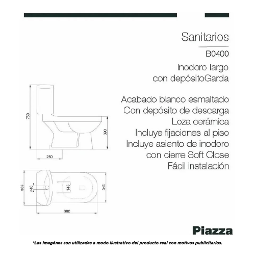 Piazza - Inodoro largo + deposito descarga doble + asiento B0400