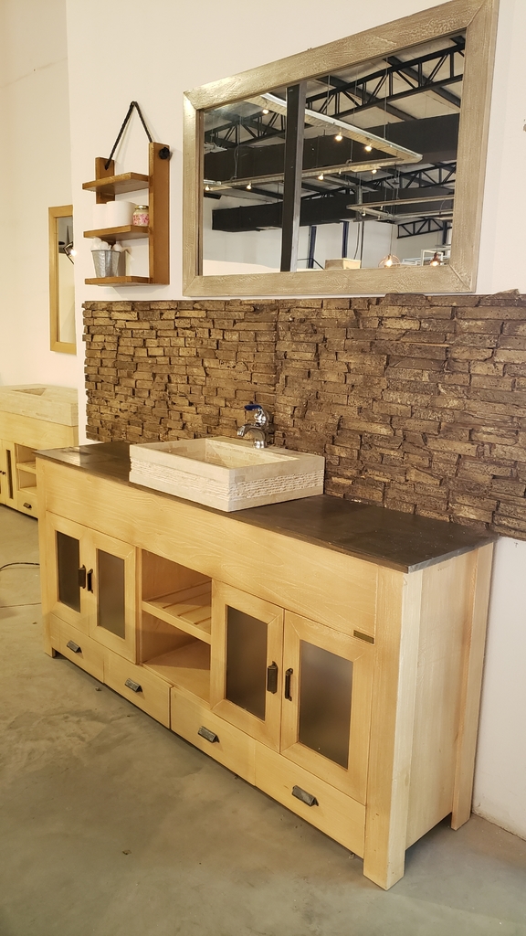 VANITORY MODELO BACHA CUADRADA DE TRAVERTINO SOBRE MUEBLE DE MADERA ...