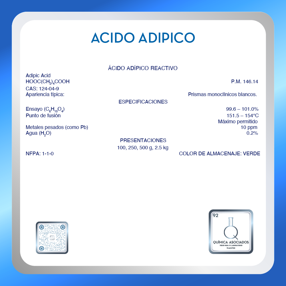 ACIDO ADIPICO REACTIVO - Comprar en Quimica Asociados