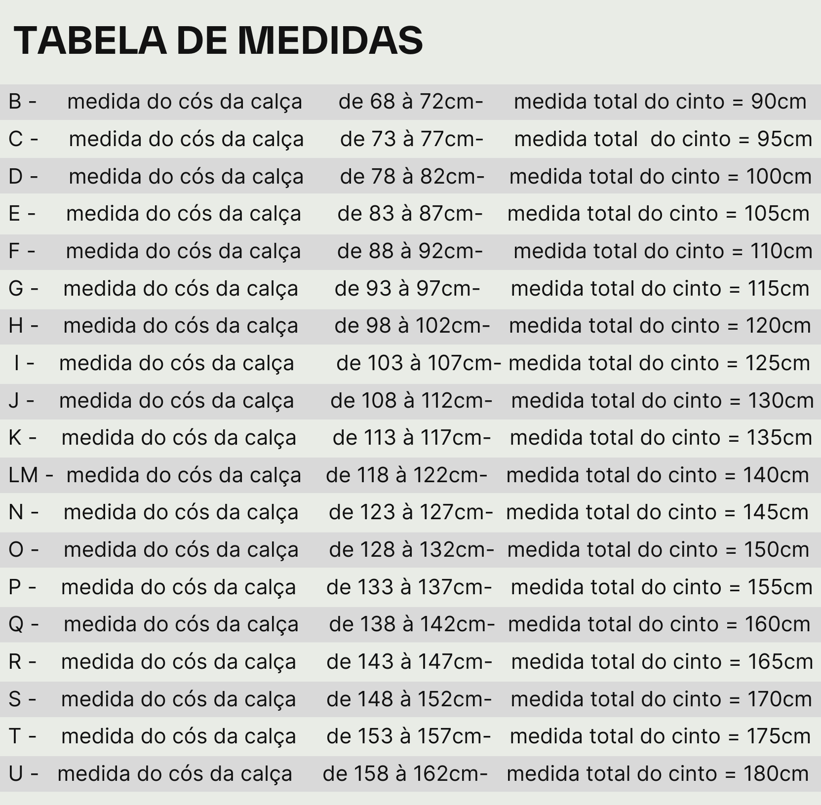 TABELA DE MEDIDAS