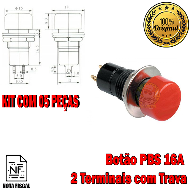 Chave Botão Push Button Pbs 16A 2 Terminais com Trava Kit com 5 peças