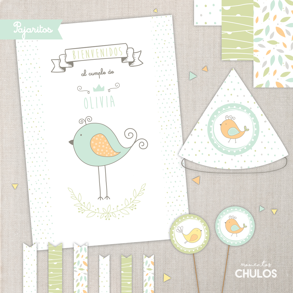 KIT IMPRIMIBLE PAJARITOS COLORES PASTELES archivo pdf personalizado