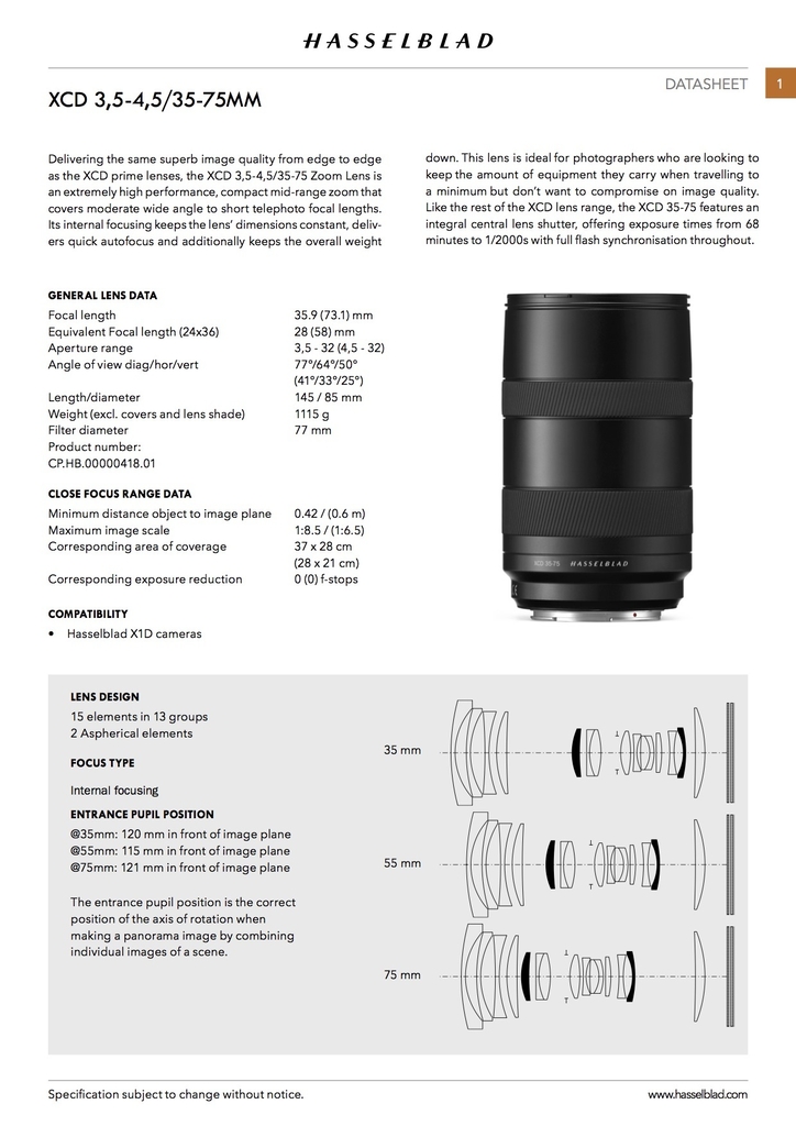 Hasselblad XCD 35-75mm f/3.5-4.5 Lens Zoom , Lens X System , High End ...