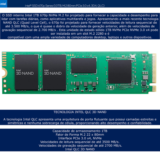 Intel 670P NVME M.2 | Internal SSD | Velocidades de até 3500 MB/s | 1TB