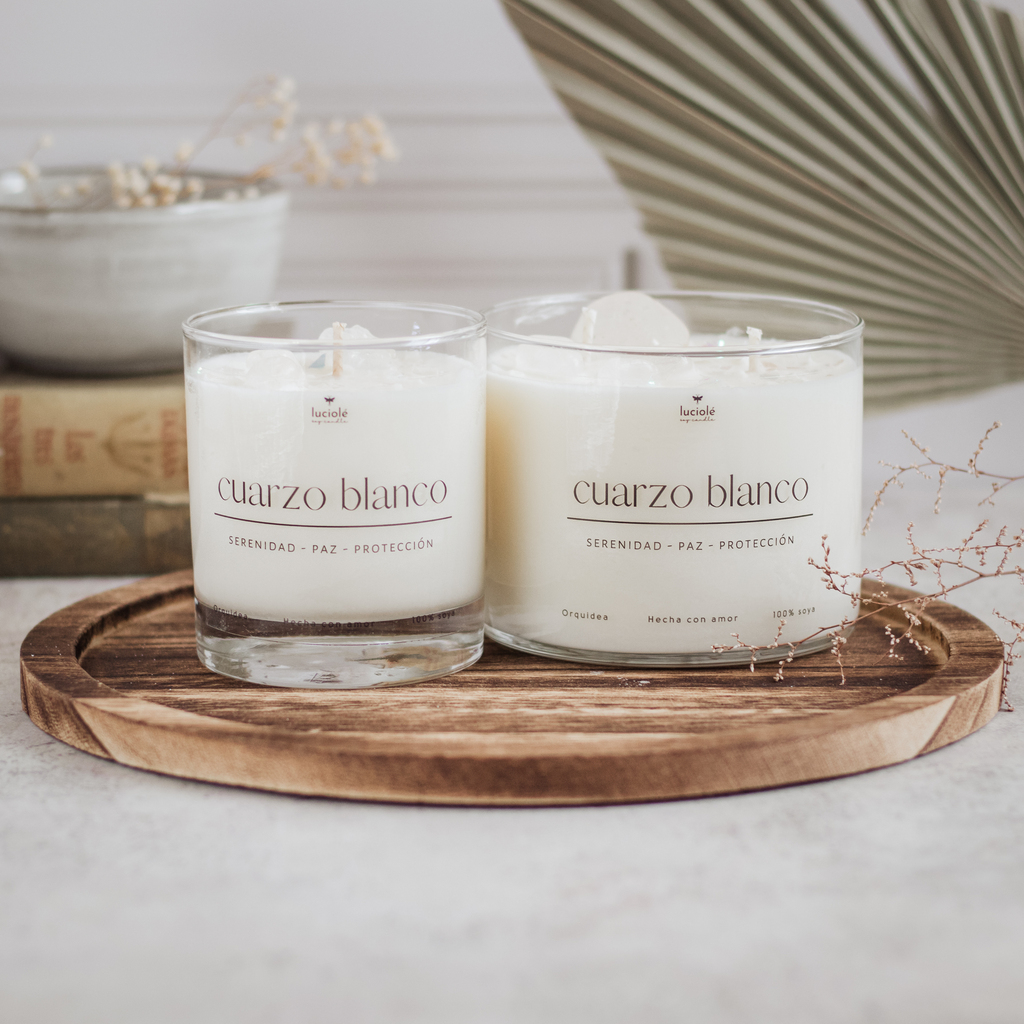 vela aromática intencionada con cuarzo blanco