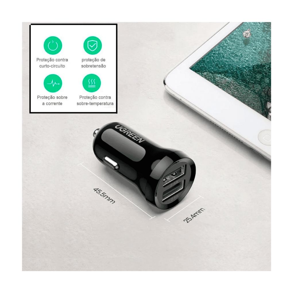 Carregador Veicular Rápido Duplo USB Ugreen Anatel