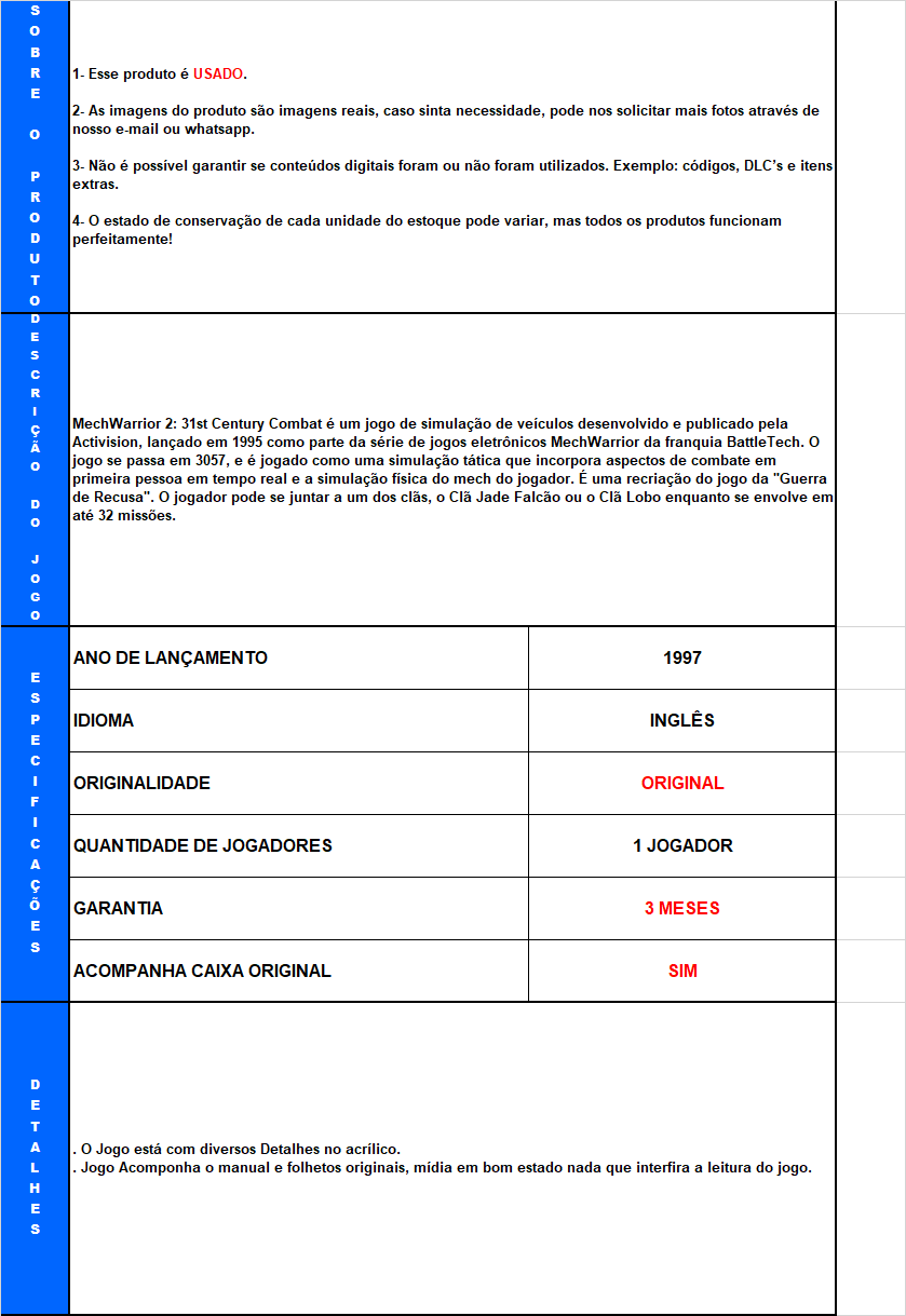 JOGO PLAYSTATION 1 - MECH WARRIOR 2