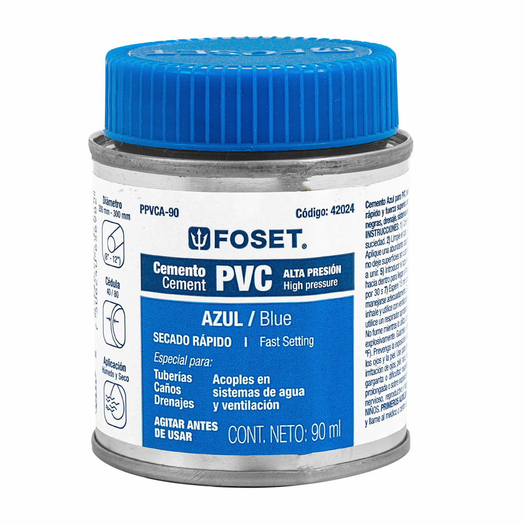 Cemento azul para PVC en bote de 90 ml, alta presion, Foset