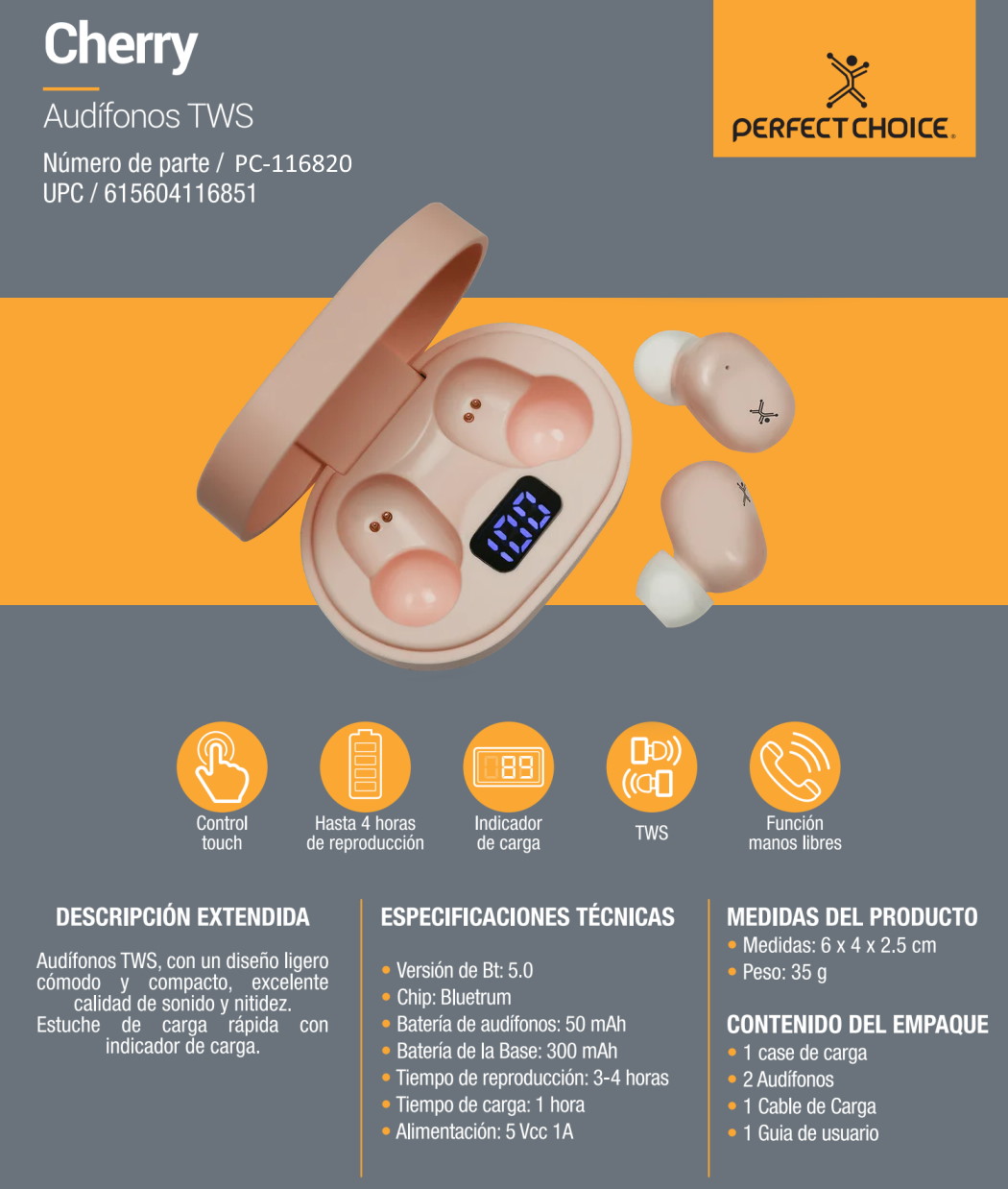 AUDIFONOS BLUETOOTH PERFECT CHOICE TWS CHERRY ROSA PC-116820