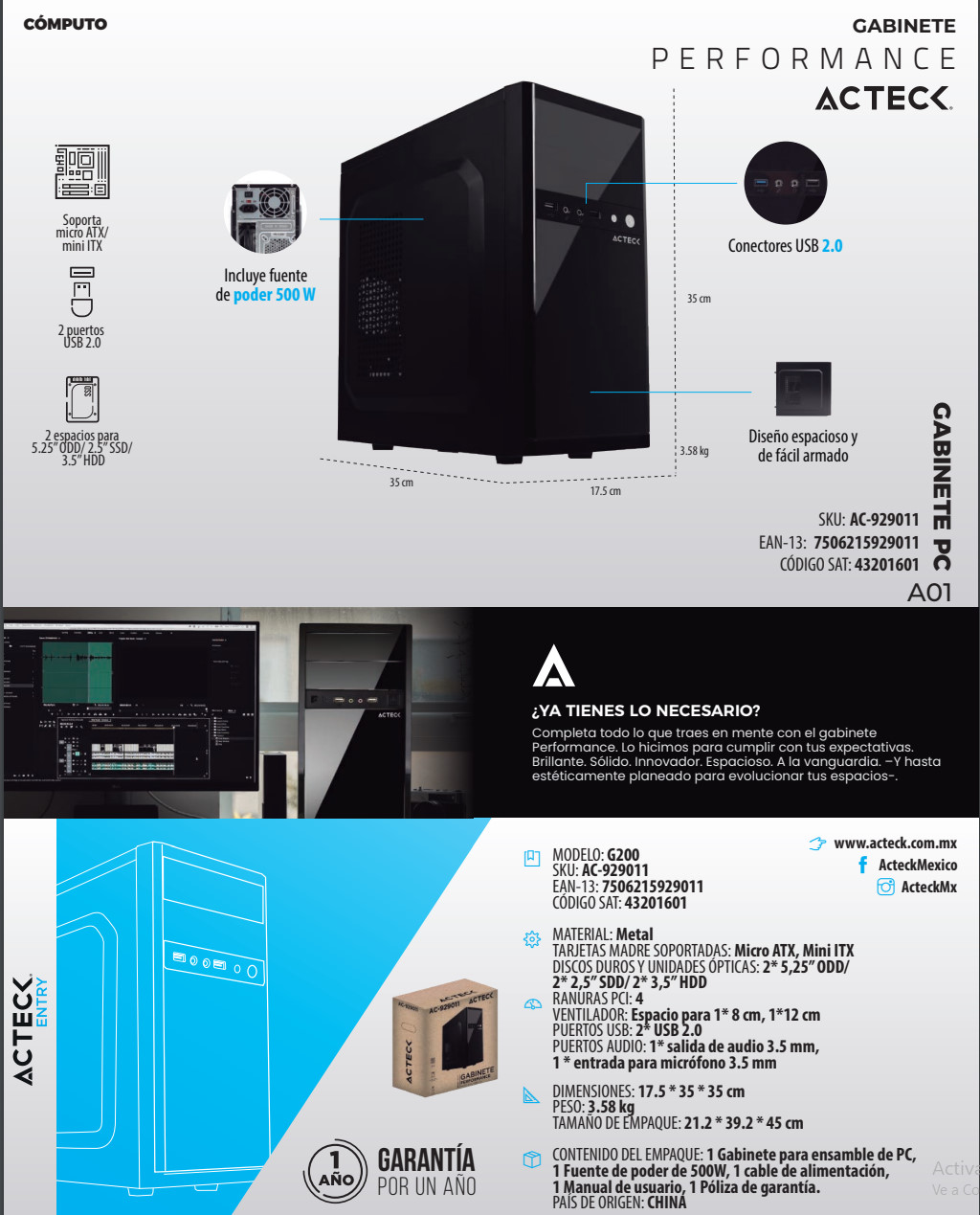 GABINETE ACTECK PERFORMANCE GI210 FUENTE DE PODER INTEGRADA 500W AC-929011