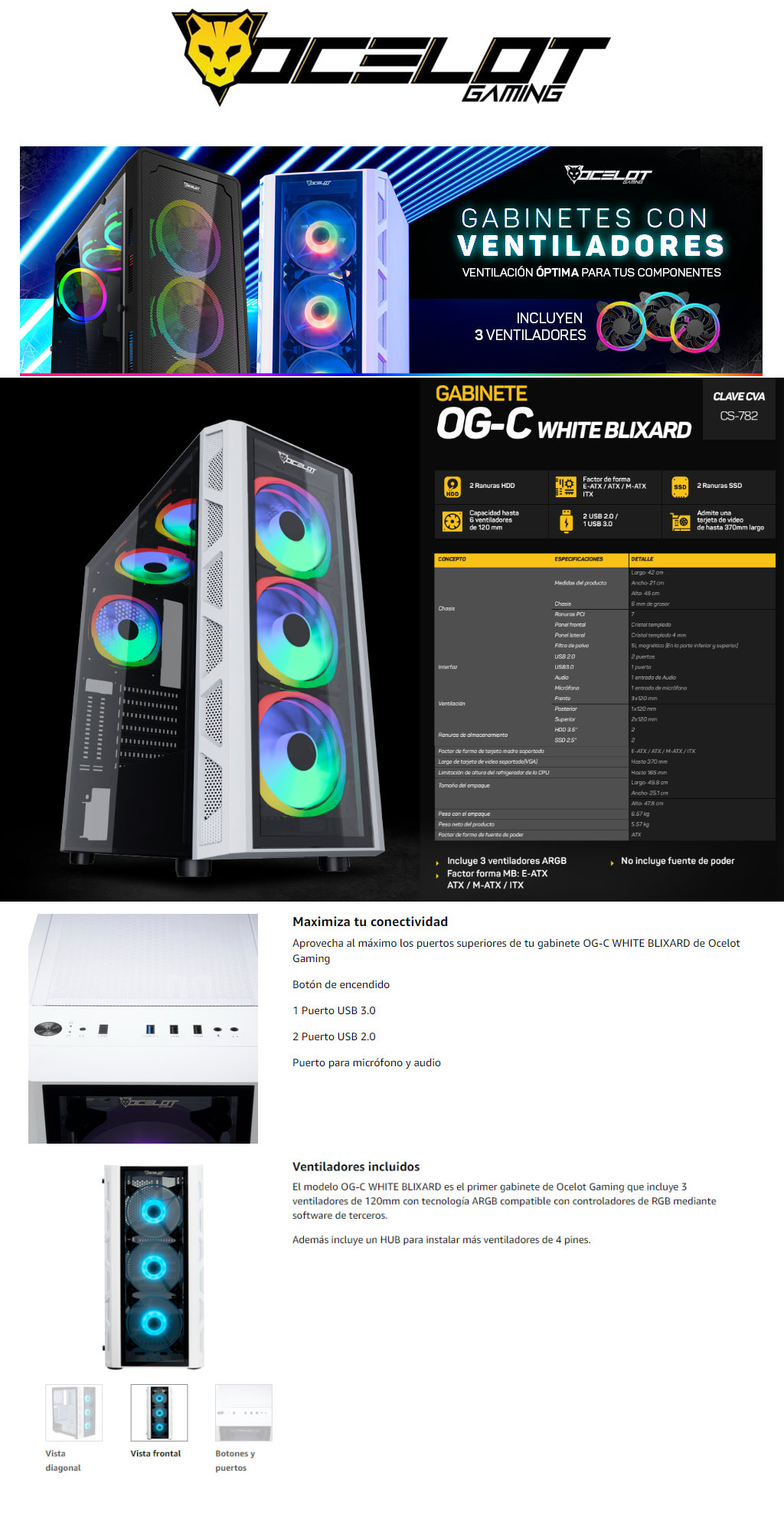 GABINETE OCELOT OG-C WHITE C. TEMPLADO 3 VENTILADORES ARGB