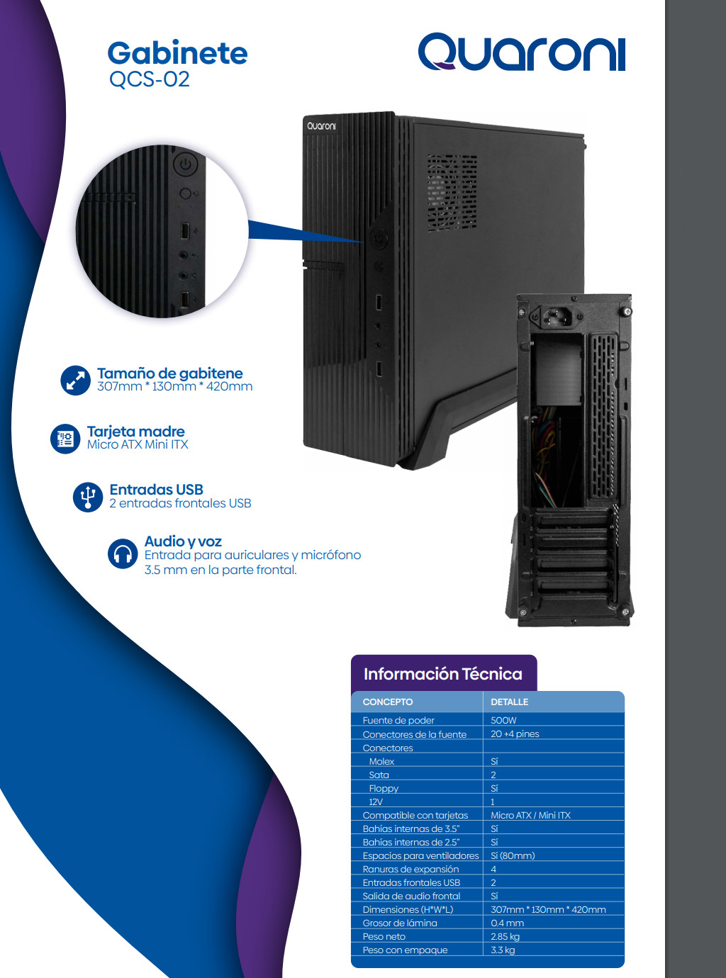 GABINETE QUARONI SLIM QCS-02 FUENTE DE PODER INTEGRADA 500W