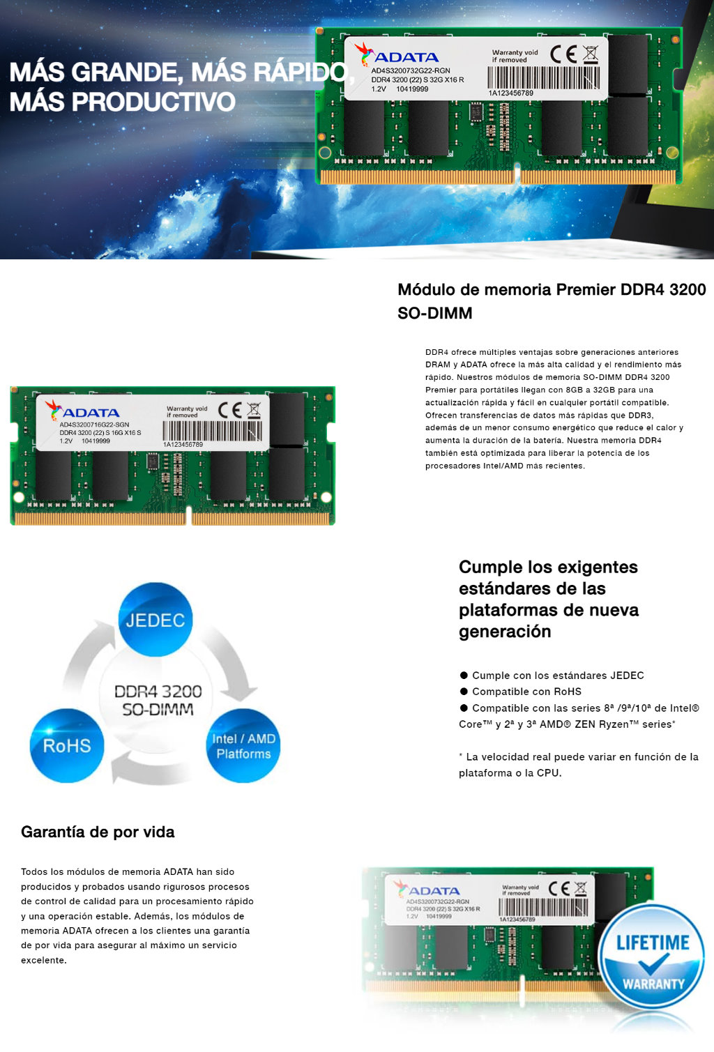 MEMORIA RAM LAPTOP DDR4 8GB (3200MHZ) ADATA SIN DISIPADOR AD4S32008G22-SGN