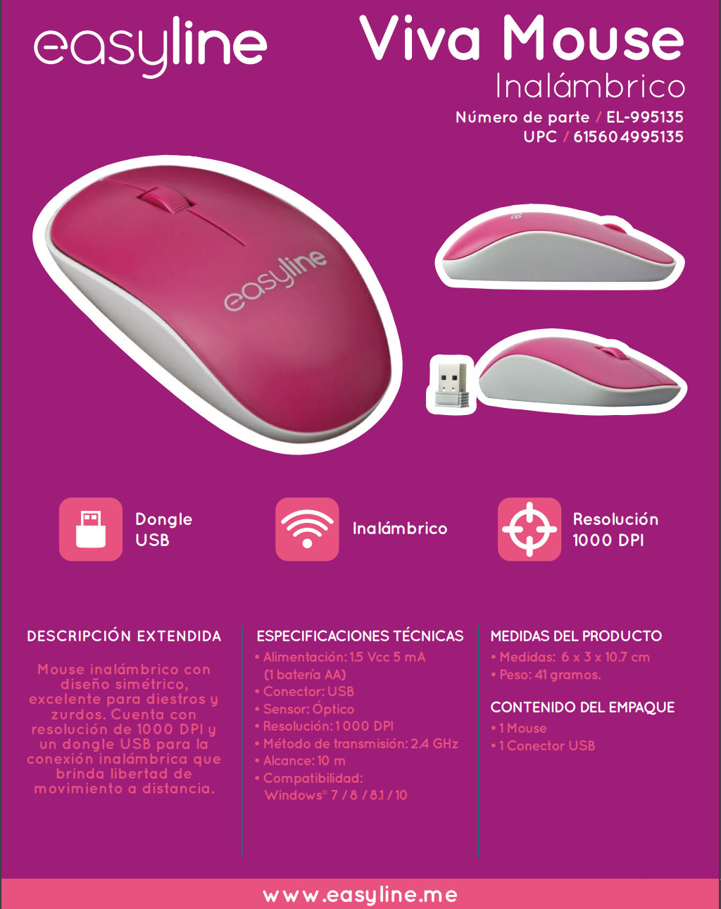 MOUSE INALAMBRICO EASYLINE ROSA EL-995135