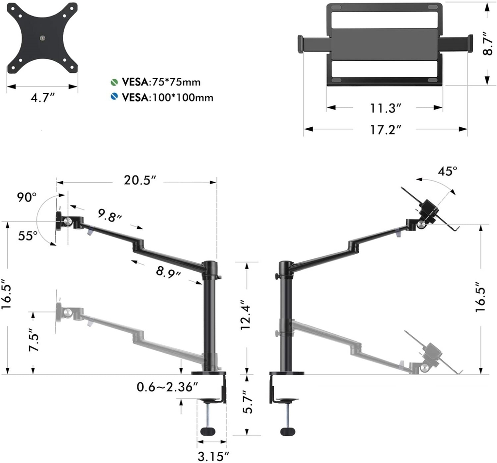 Suporte/Braço Articulado p/ Monitor 17"-32"/Notebook Dell,LG