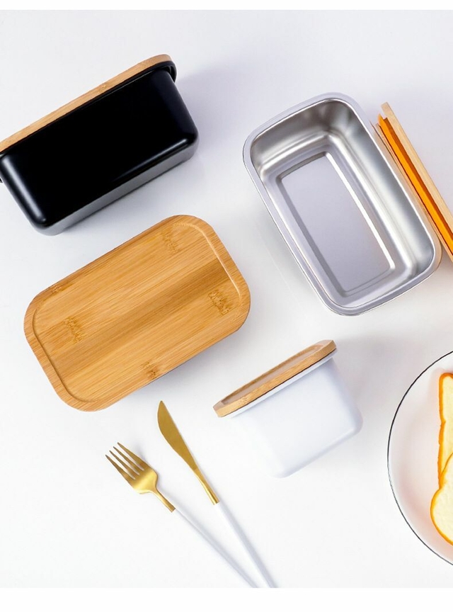 Tupper Metálico Blanco Con Tapa De Madera - 1 L