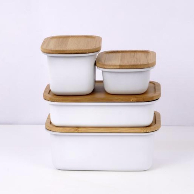 Tupper Metálico Blanco Con Tapa De Madera - 450 ML