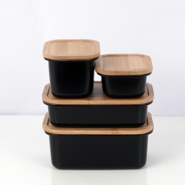 Tupper Metálico Negro Con Tapa De Madera - 450 ML