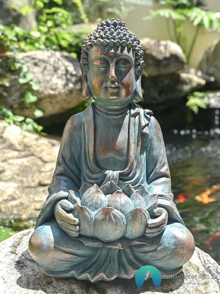 Escultura em Resina Buda Luz Solar Jardinagem Flor de Lotus
