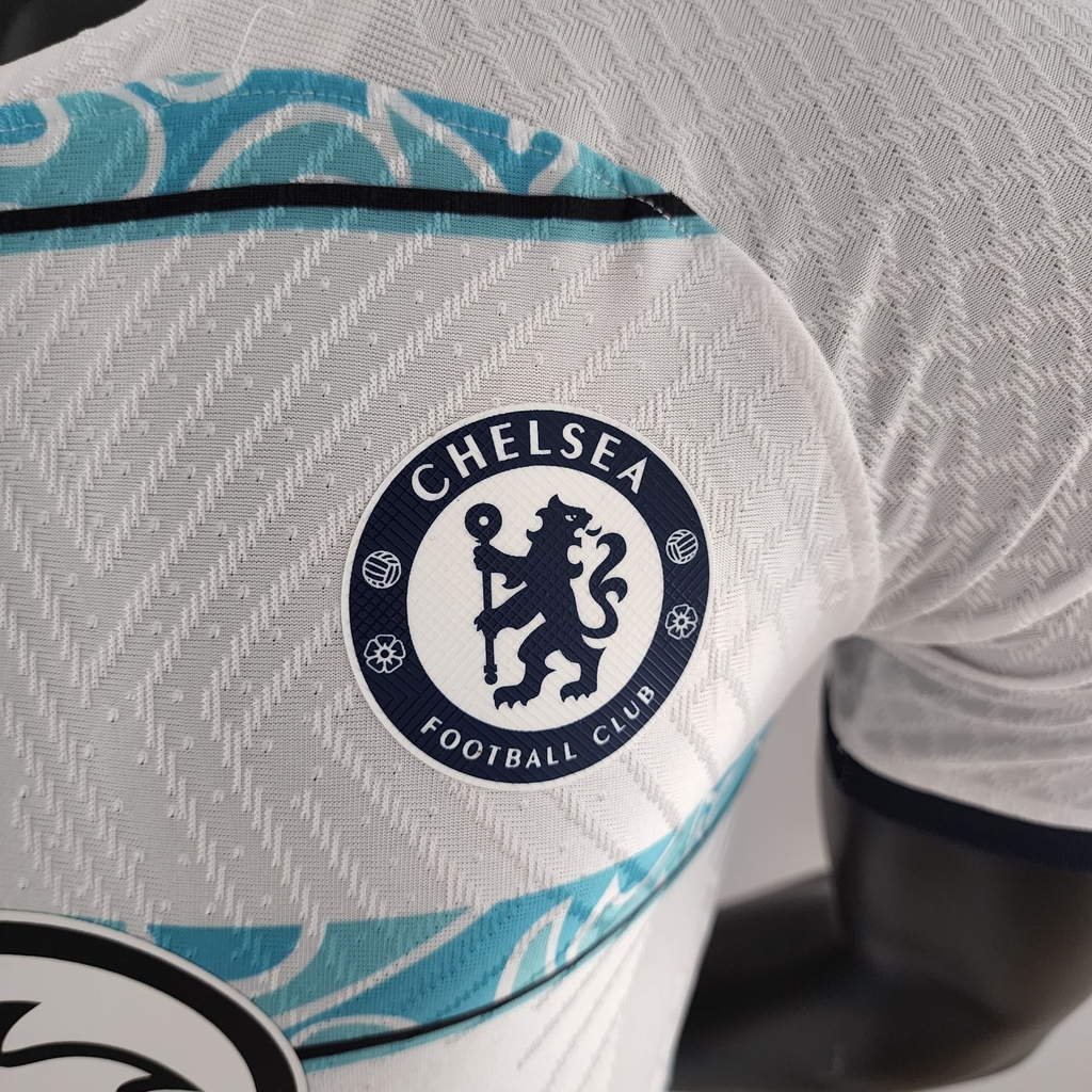 Camisa Chelsea Away 22/23 Jogador Nike Masculina - Branco e Azul Camisa Chelsea Away 22/23 Jogador Nike Masculina - Branco e Azul