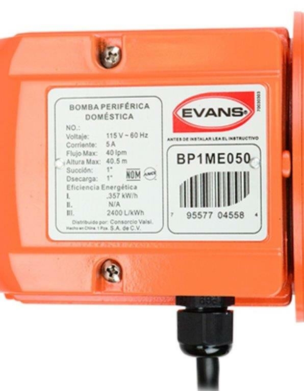 Bomba Periferica 1 2hp 0 50hp 15mt 20lt Min Mod Bp1me050 Evans