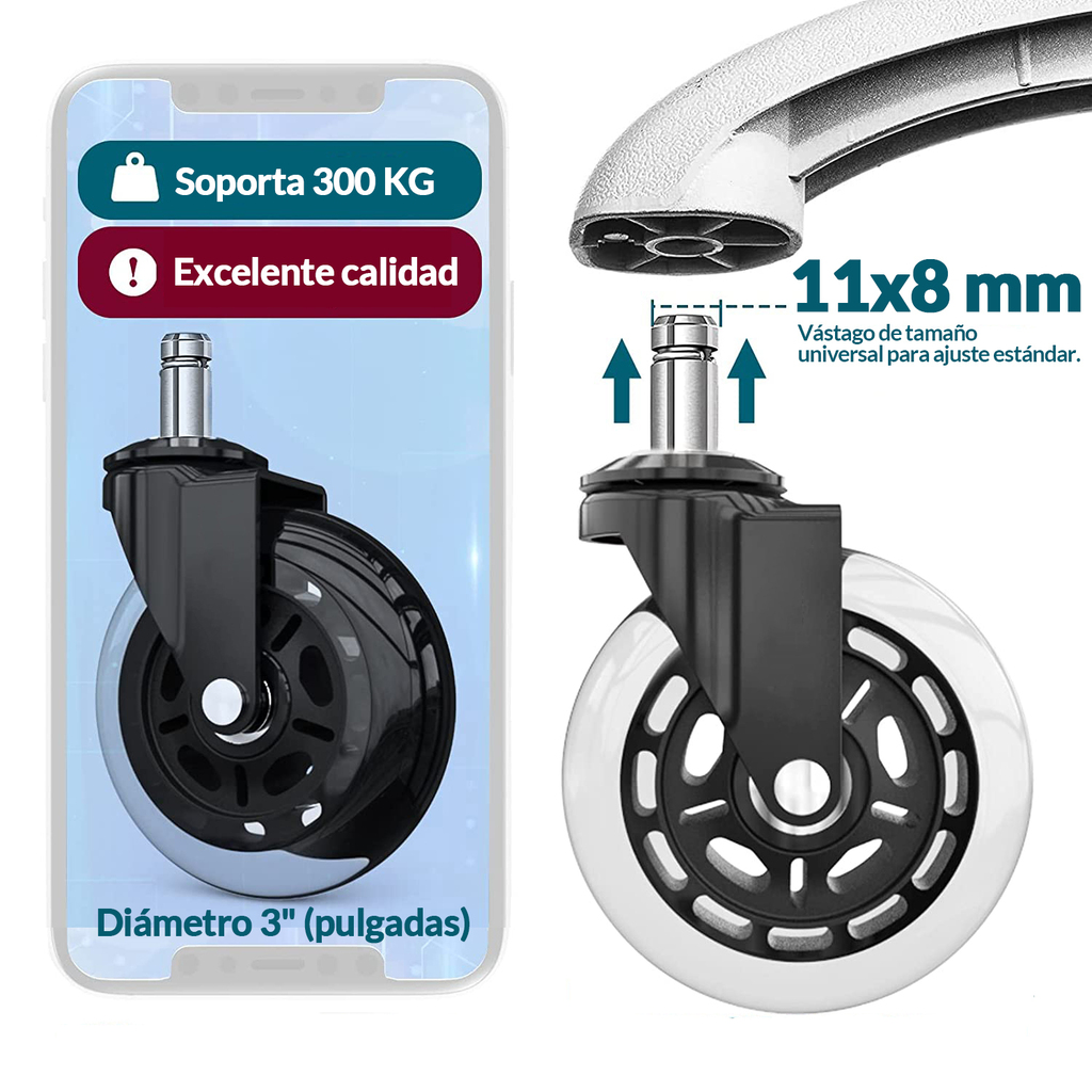 Kit 5 Ruedas Silla Sillon Oficina Silicona Gamer Goma 11x22