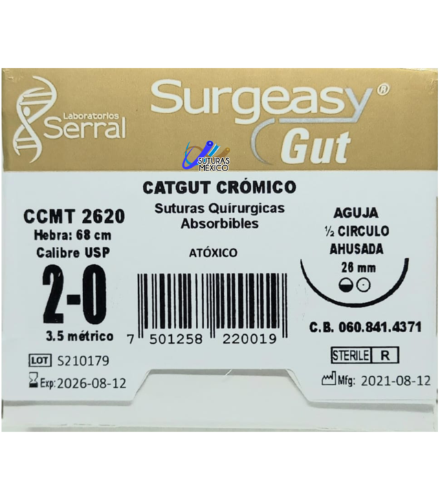 Catgut Cromico #2-0 Aguja Ahusada 26 mm Hebra 68 cms Marca Surgeasy ...