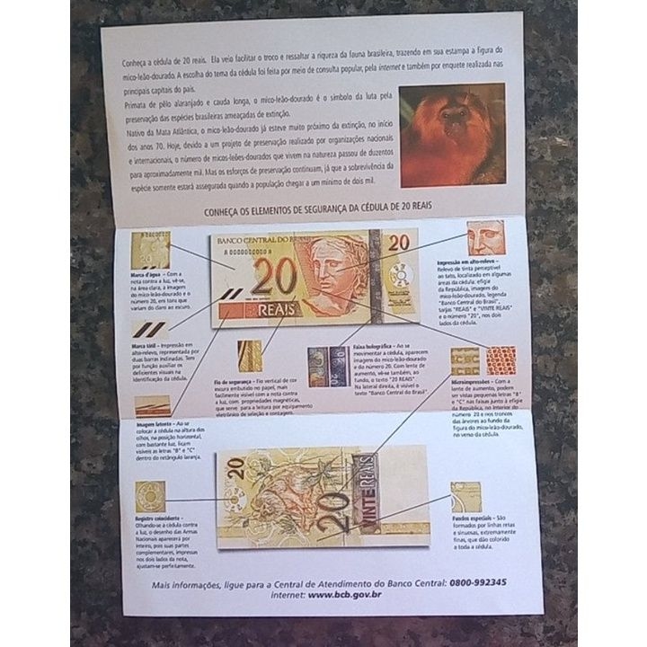 Folder do BCB da cédula de 20 reais, Mico Leão Dourado.