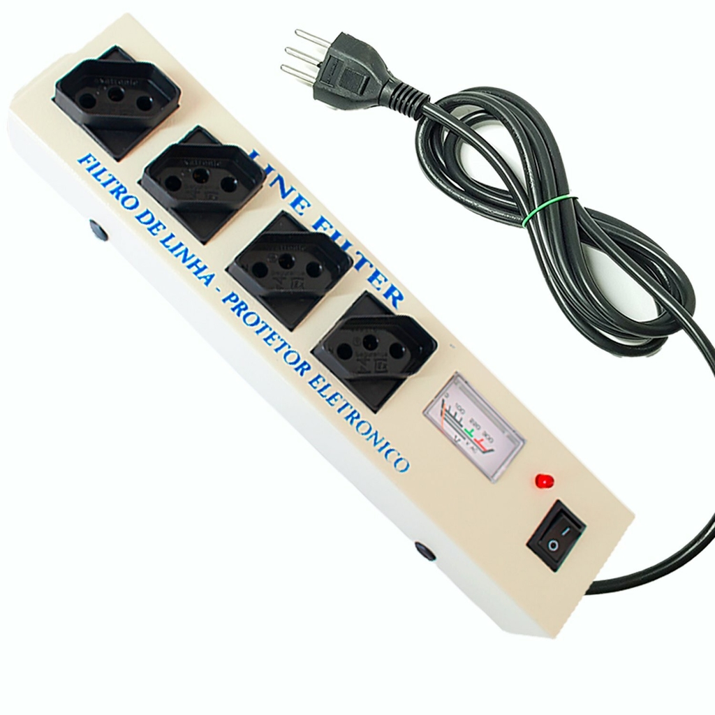Filtro de Linha Metal 4 Tomadas com Voltímetro, Chave, Fusível e LED