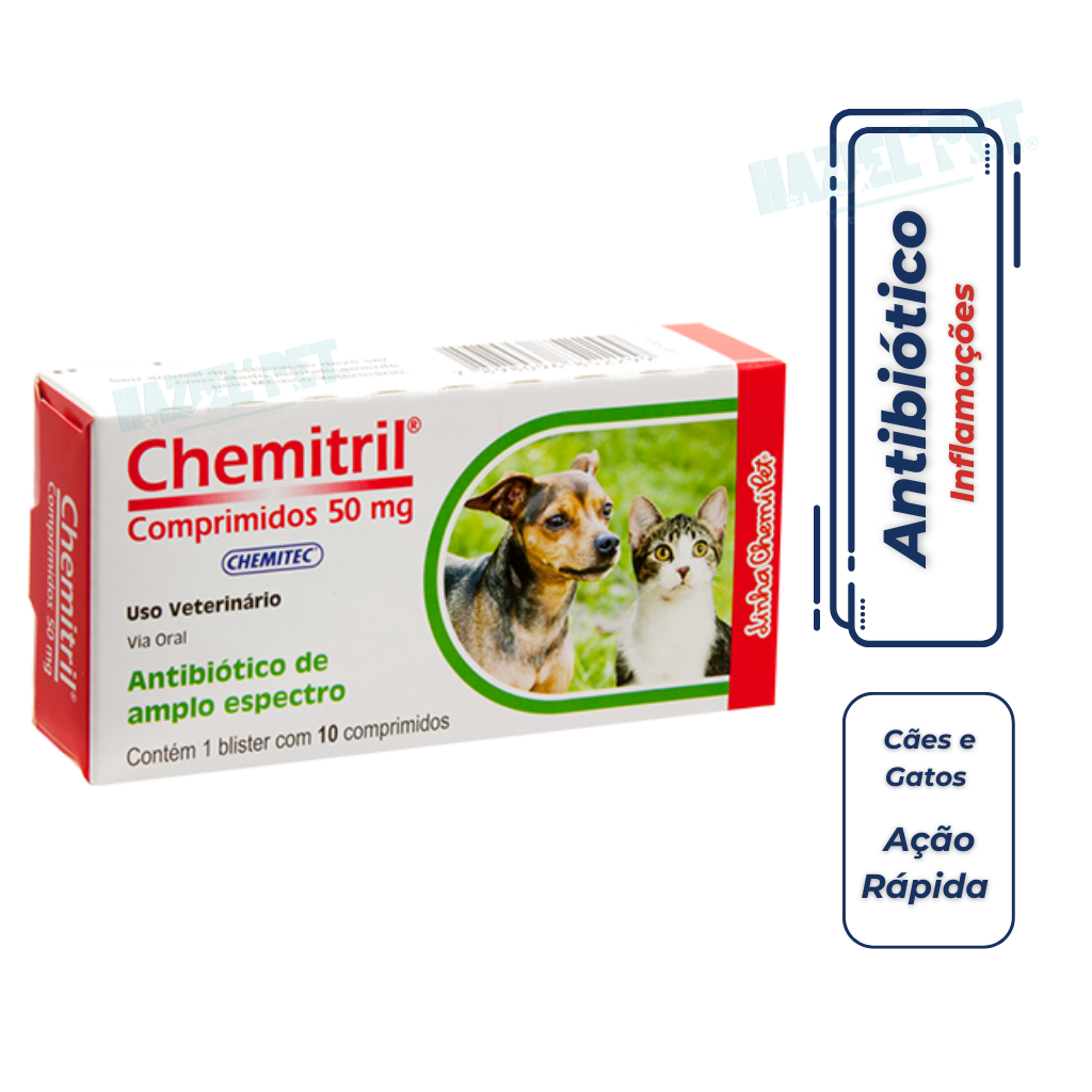 Antibiótico para Cães e Gatos Chemitril 50 mg 10 comprimidos Chemitec