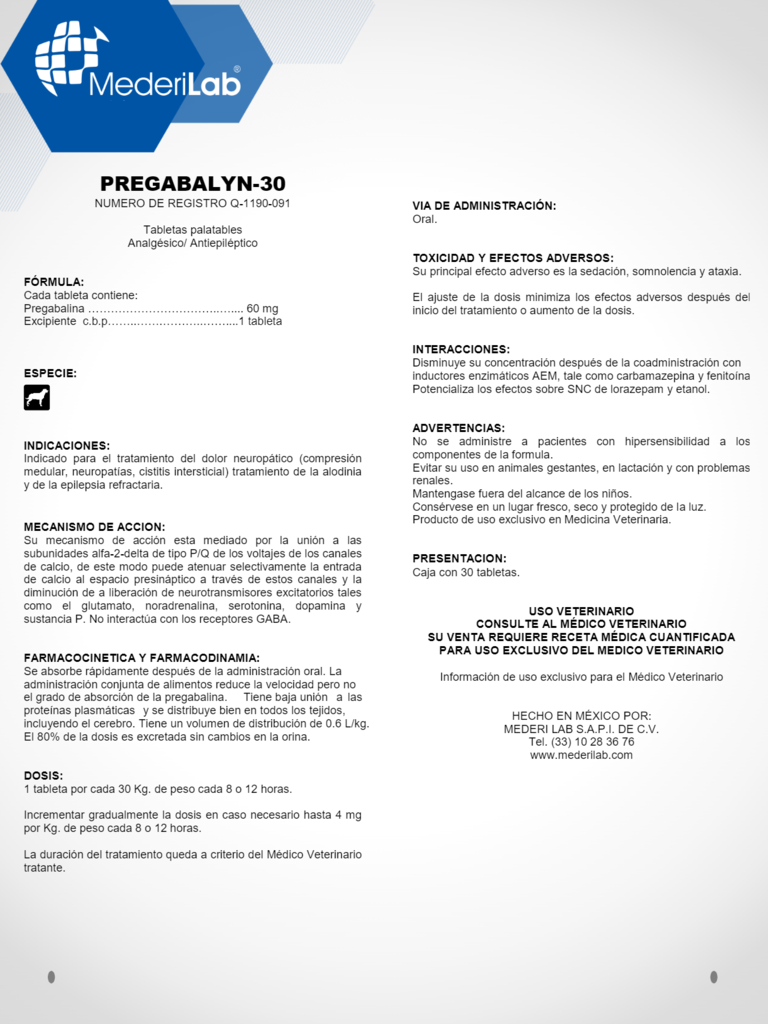 Pregabalyn-30 30 Tabletas - Comprar en URBAN VET MEX