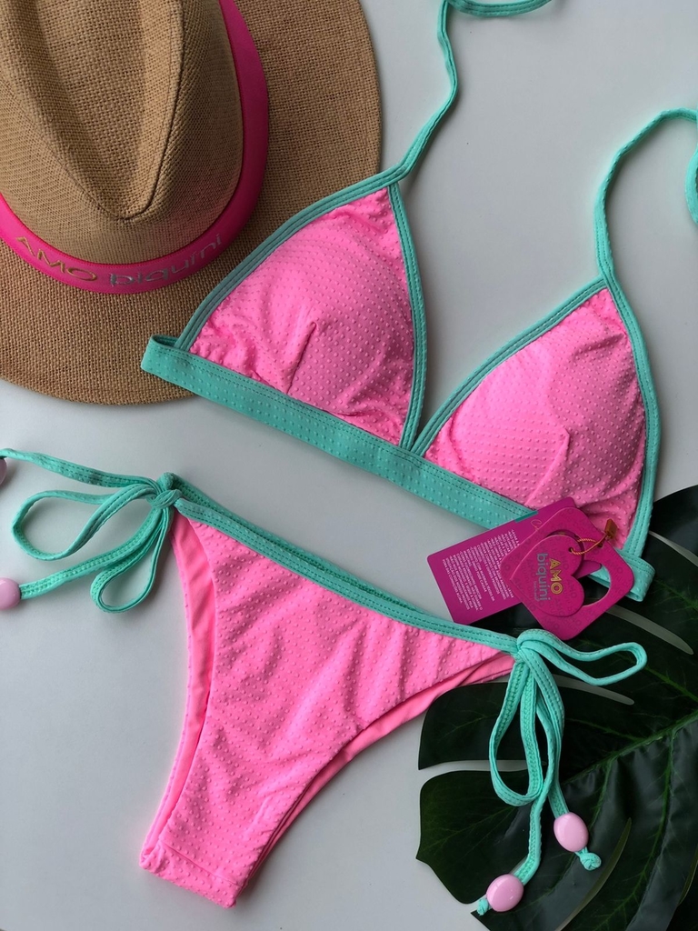 Biquini Júlia super luxo (rosa chiclete/verde água)