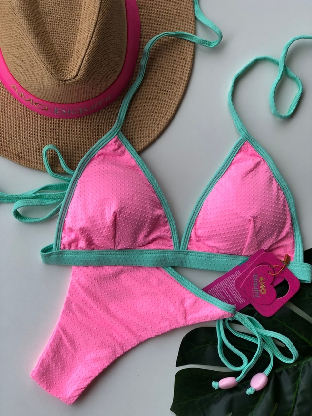 Biquini Júlia super luxo (rosa chiclete/verde água)
