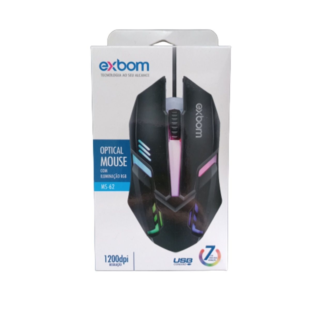 Mouse com fio USB com iluminação RGB MS-62 Exbom 1200dpi