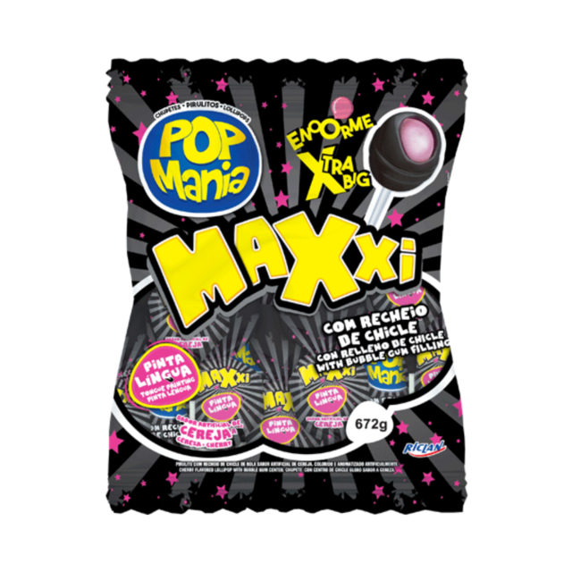 Pacote de Pirulito Grande Pop Mania Maxxi C24un 672g sabores